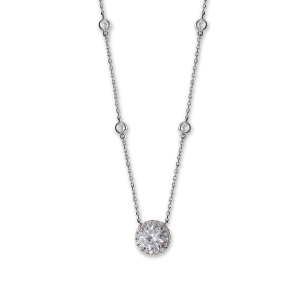 15" + 2" Rhodium Plated 8mm Halo CZ and Bezel CZ Necklace - Wholesale ...